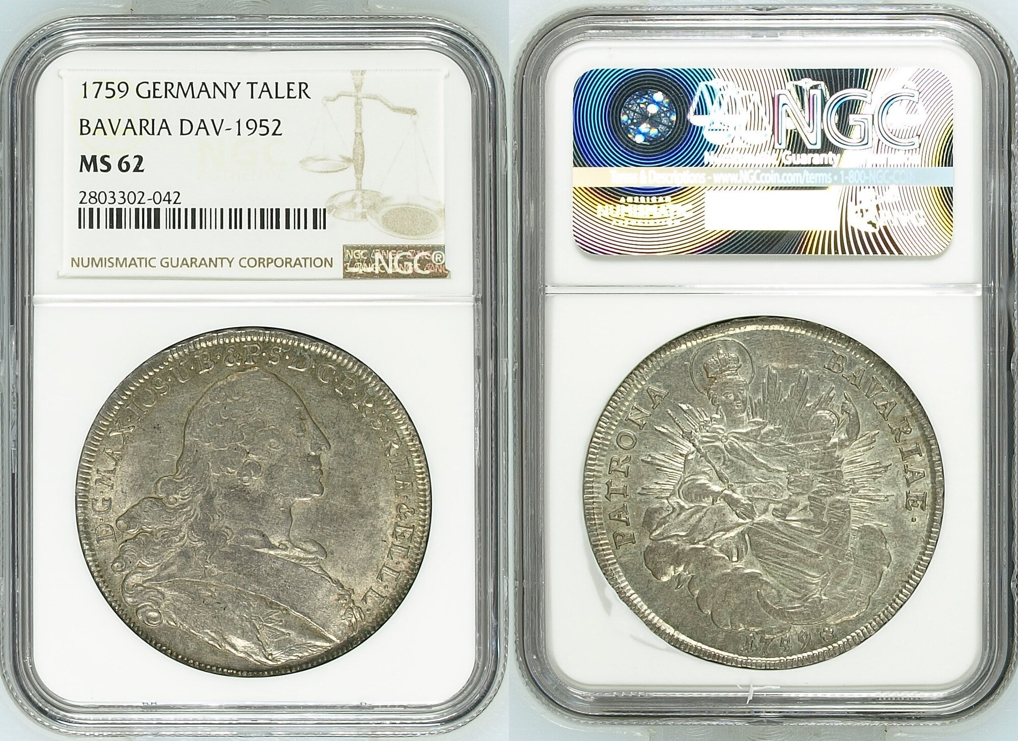 GERMANY German States Bavaria 1759 Taler Coin Thaler NGC MS 62 VZ/STG ...