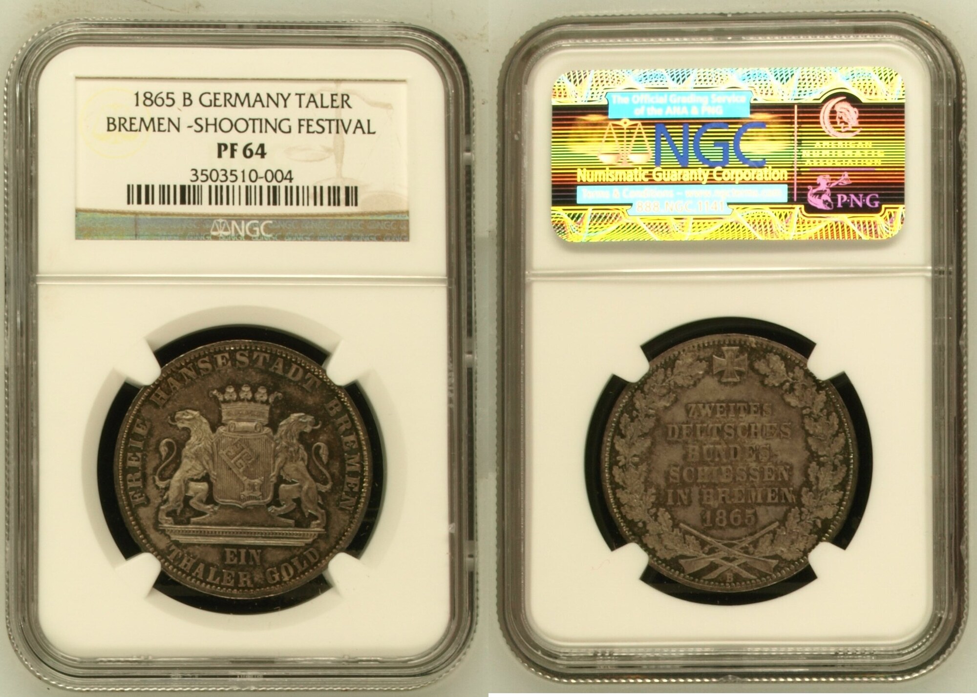 GERMANY 1865 B German States Bremen 1865 Taler Coin Thaler NGC PF 64 ...