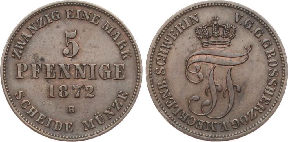 Mecklenburg-Schwerin 5 Pfennige 1871 Friedrich Franz II. 1842-1883 EF ...