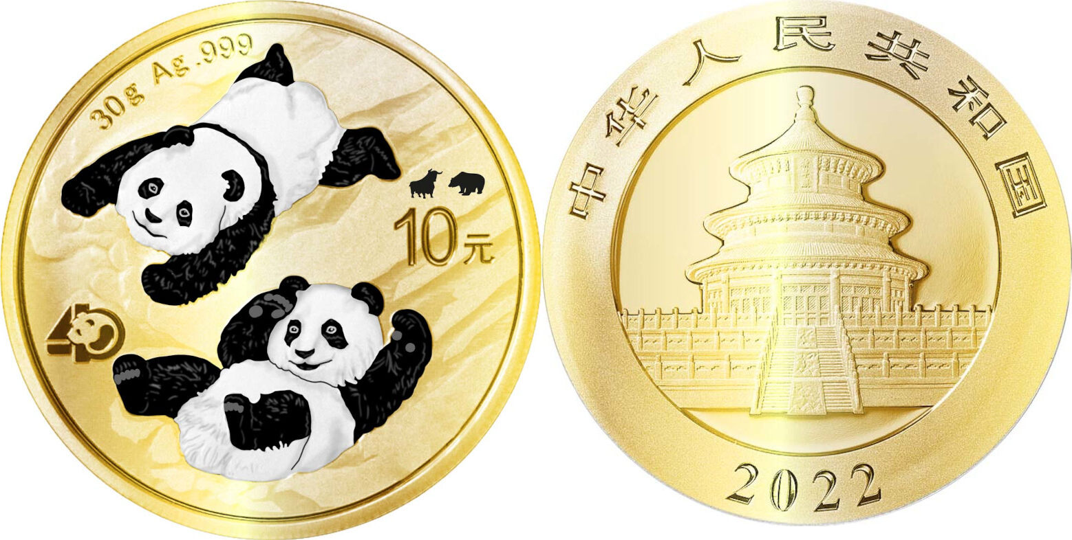 China 10 Yuan 30g Bull & Bear Panda Goldline 2022 BU coloured | MA-Shops