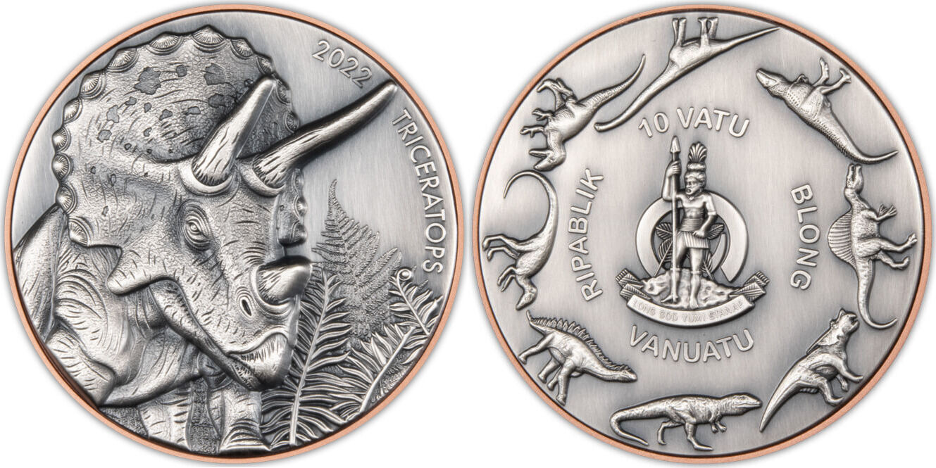 Vanuatu 10 Vatu Triceratops Silver Giant 2022 -145g copper+10g silver ...