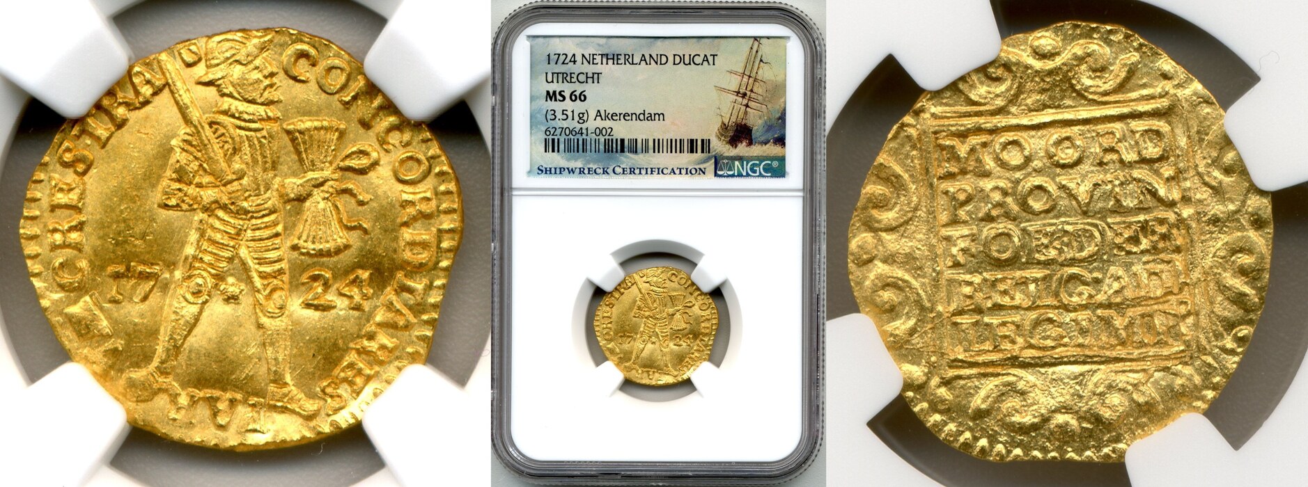 1724 Netherlands Gold Ducat Akerendam Shipwreck Utrecht MS66 NGC MS-66 | MA-Shops