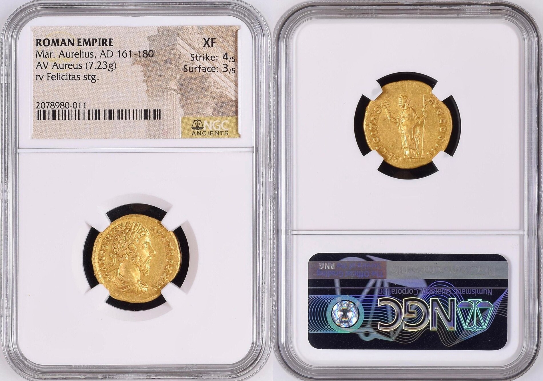 161-180 AD Marcus Aurelius Gold Aureus NGC XF Strike 4 Surface 3 EF-40 ...