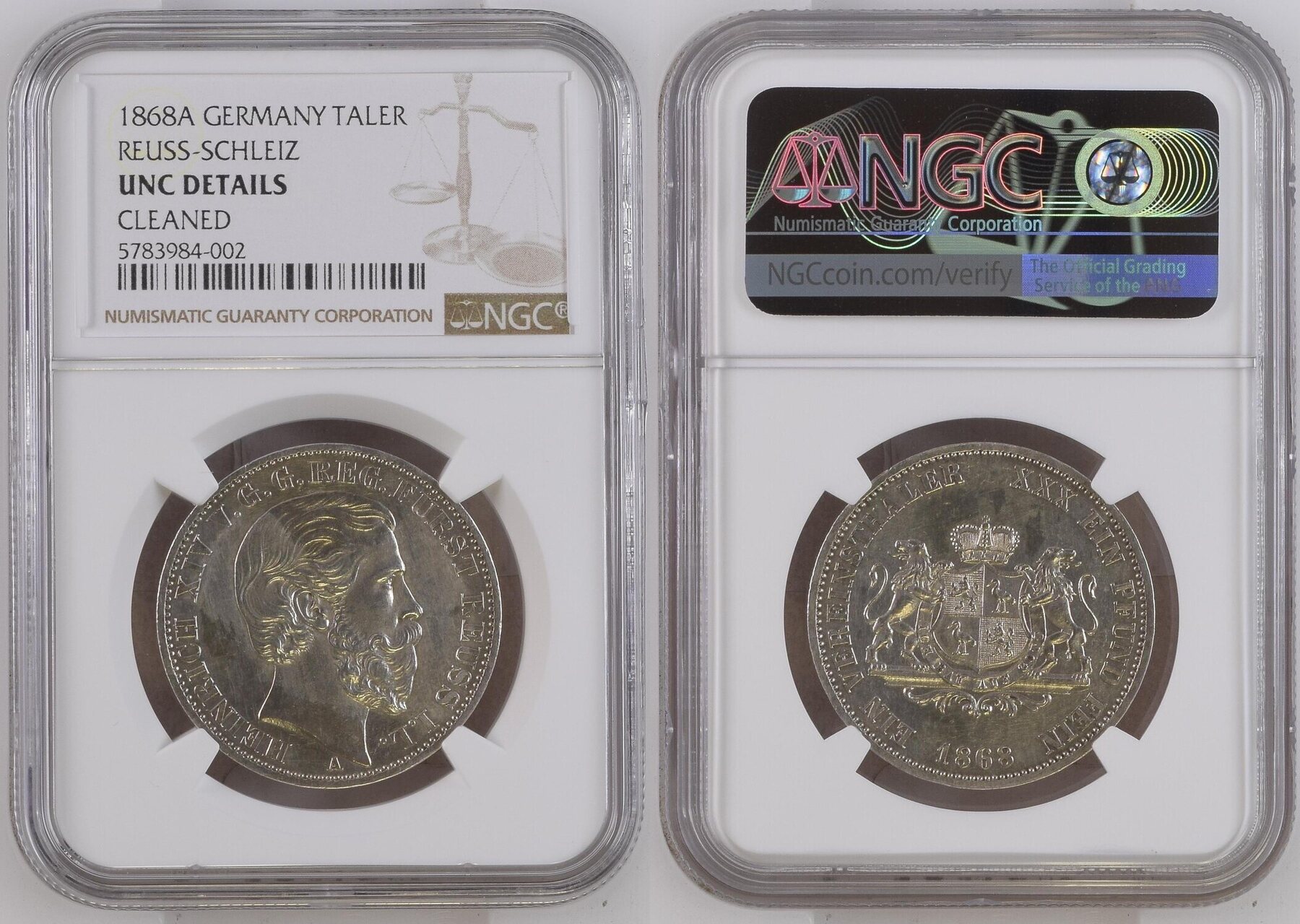 1868A Germany 1 Taler 1868 Reuss-Schleiz Heinrich XIV KM#73 RRR Mintage ...