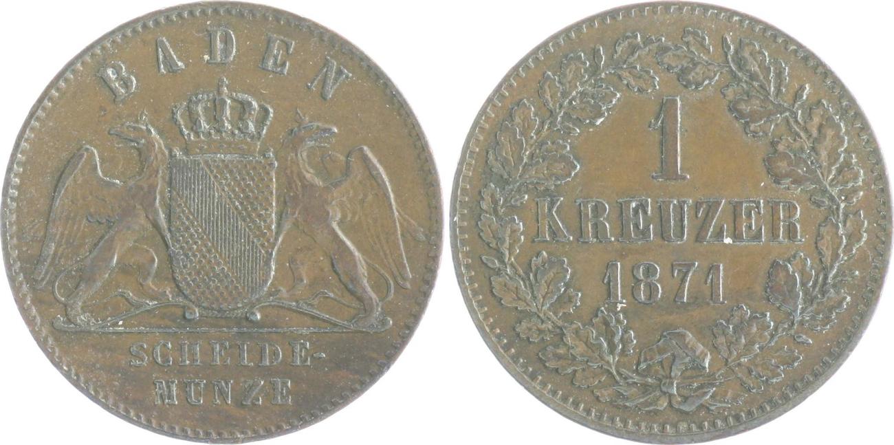 Baden 1 Kreuzer 1871 Friedrich I. 1856-1907 VF | MA-Shops