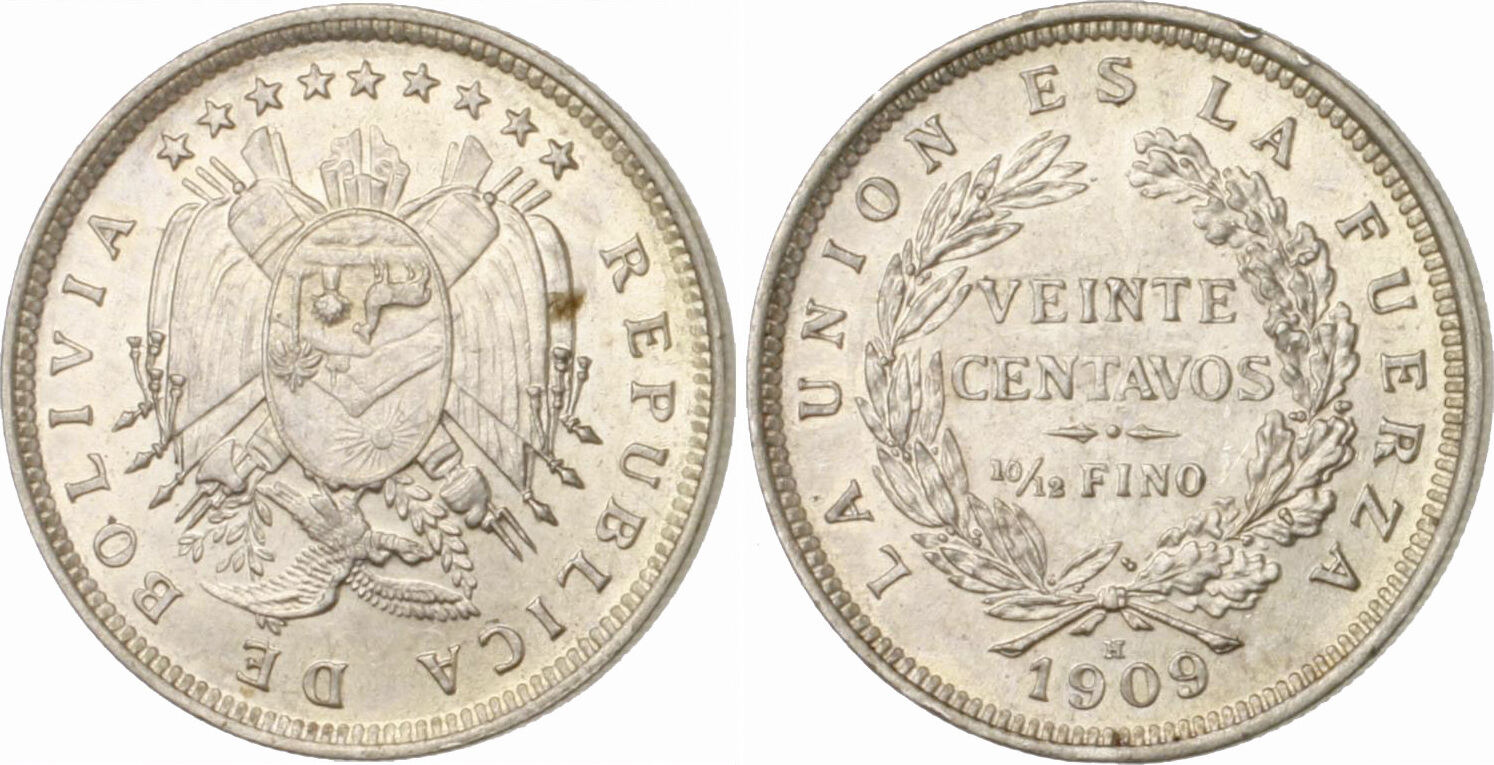 Bolivien 20 Centavos 1909 UNC- | MA-Shops