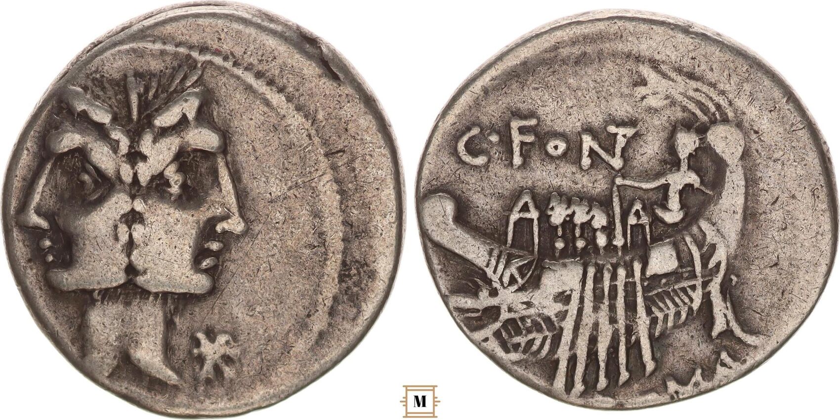 Roman Republic AR denarius 114-113 BC C. Fonteius, Janiform heads of ...