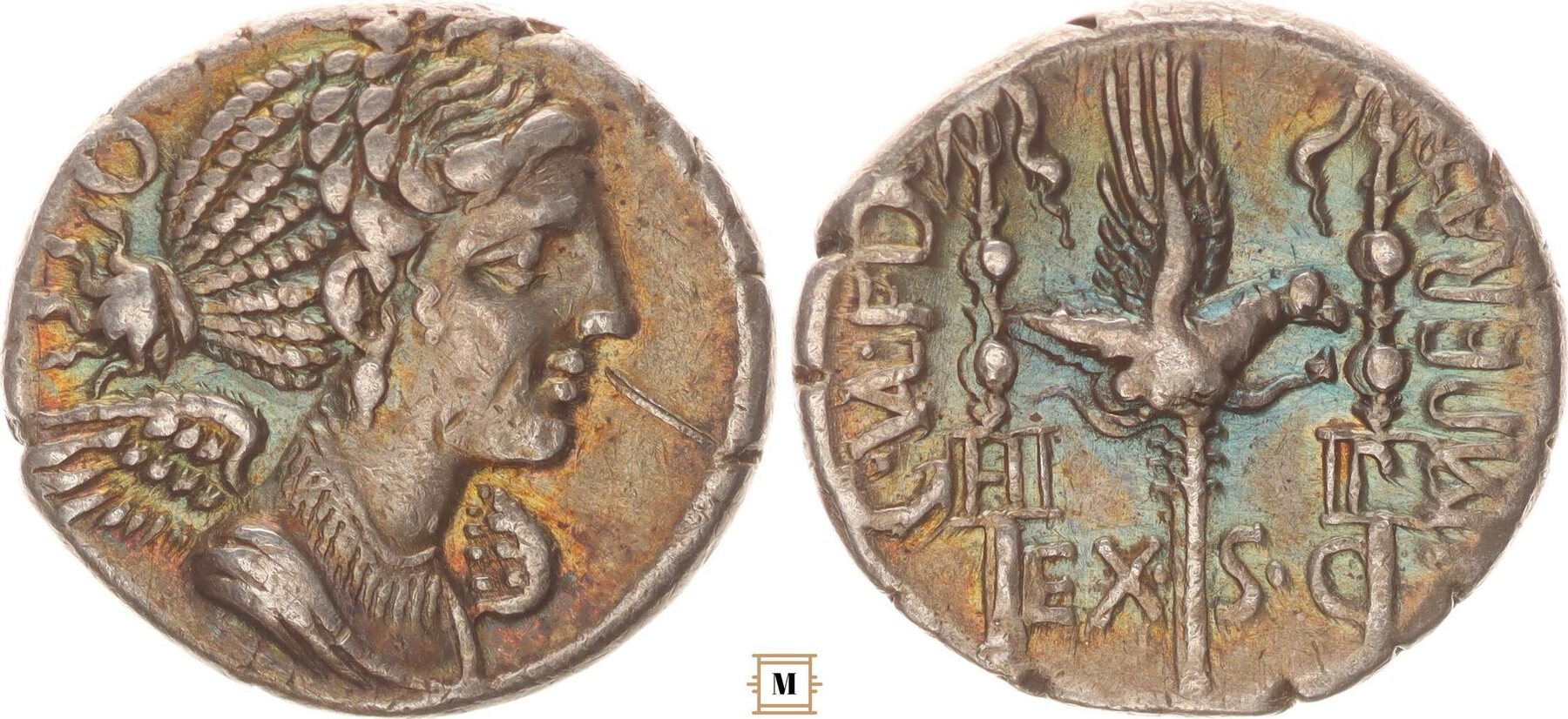 Roman Republic AR denarius 82 BC Bust of Victory / Legionary eagle ...