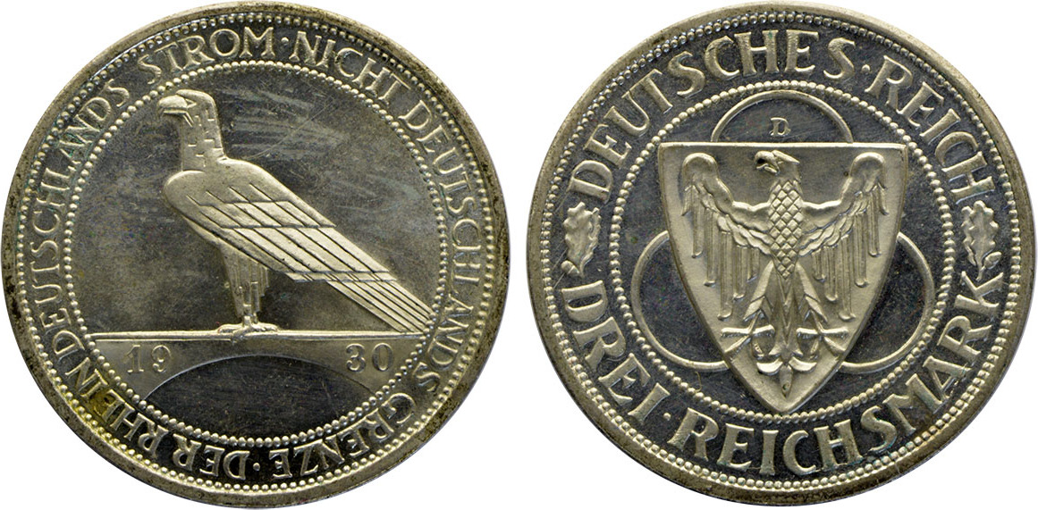 Germany 3 mark 1930 Weimar Republic, Liberation of Rhineland, D proof ...