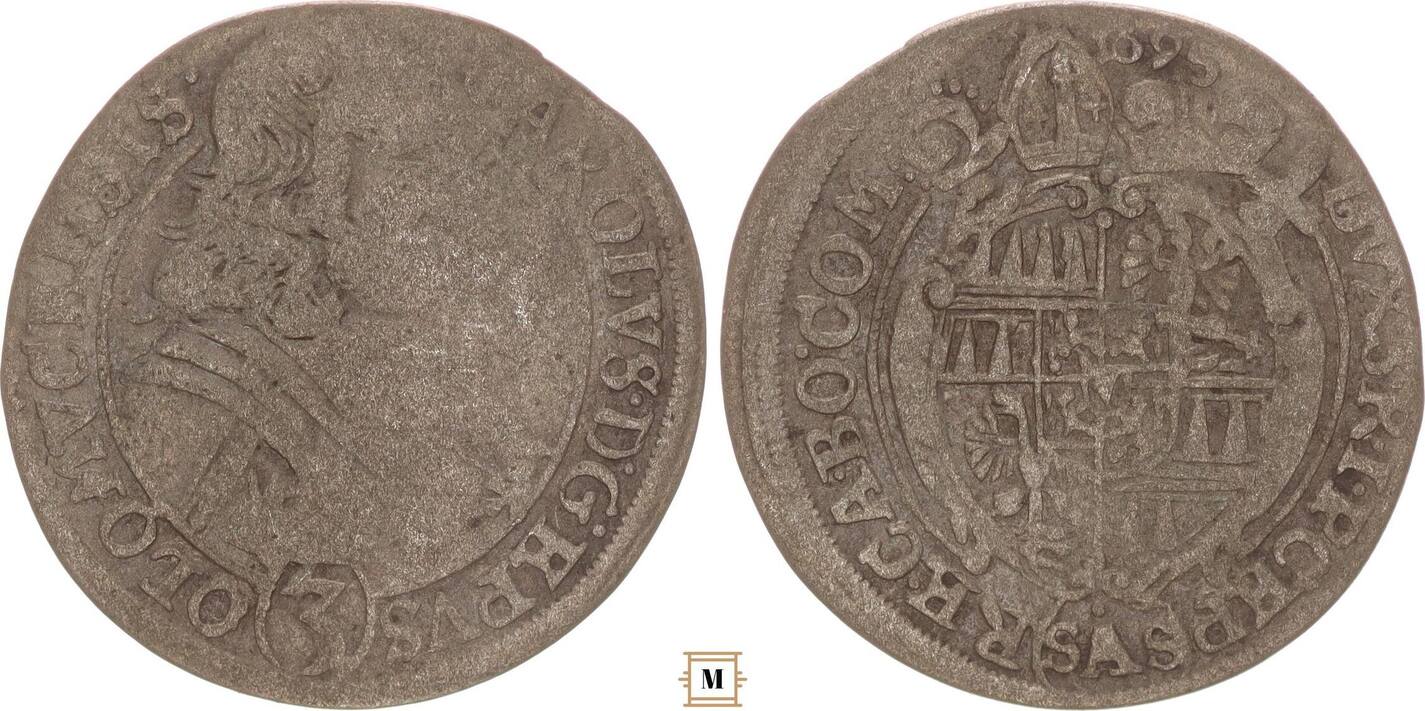 RDR - Olmütz 3 kreuzer 1695 Karl II. von Liechtenstein, seltener jahrgang | MA-Shops