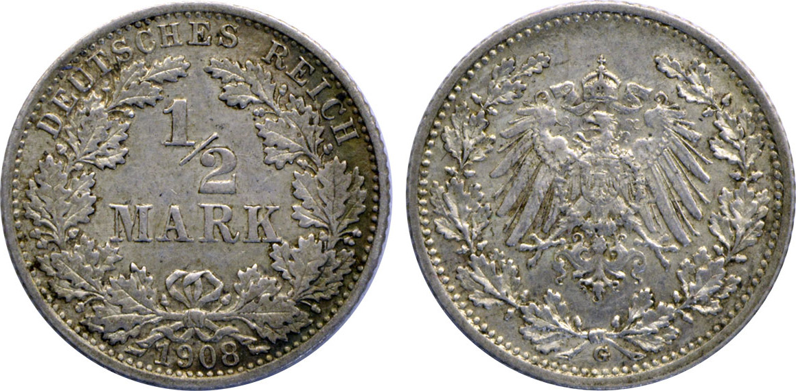 Germany 1/2 mark 1908 G XF | MA-Shops
