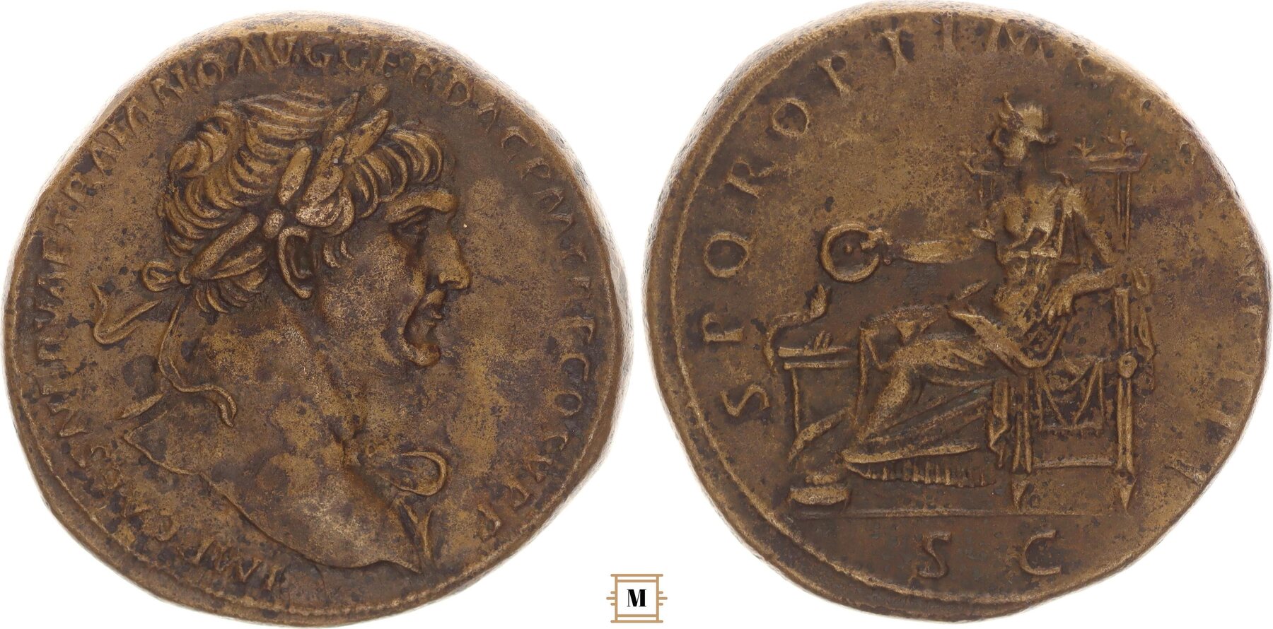 Roman Empire AE sestertius 98-117 Beautiful coin with a fine portrait ...