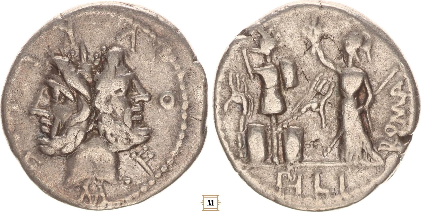 Roman Republic AR denarius 120 BC Head of Janus / Roma standing to left ...