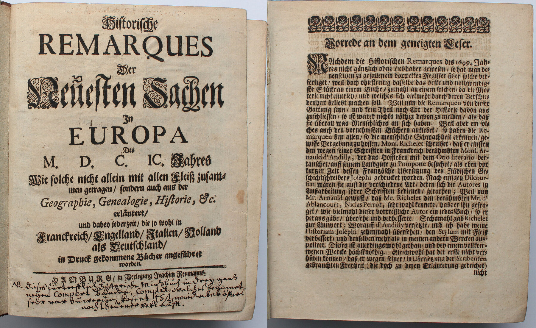 Germany - Hamburg 1699,1700,1701 Historisches Remarques über die ...