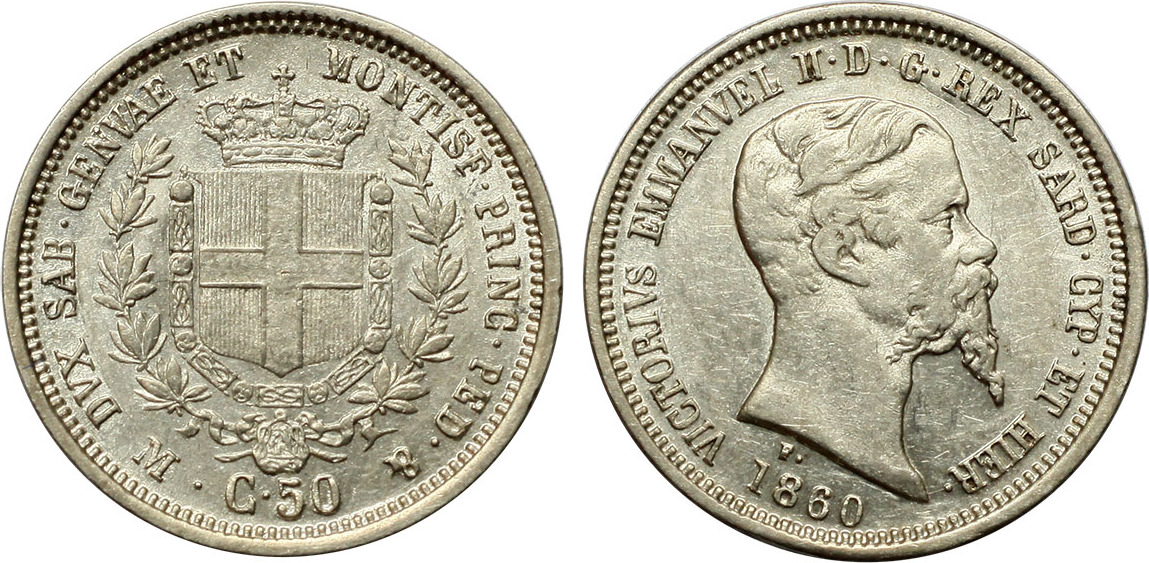Italy 50 centesimi 1860 Vittorio Emmanuele II, M XF | MA-Shops