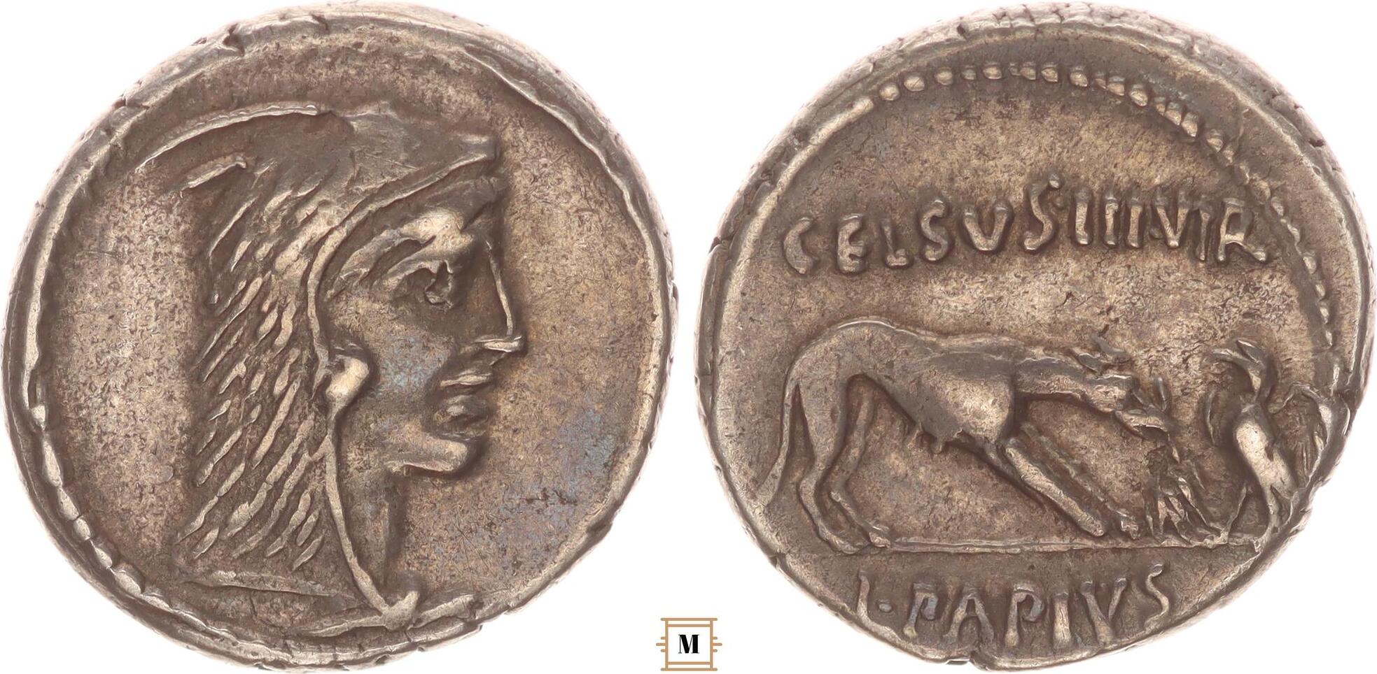 Roman Republic AR denarius 45 BC L. Papius Celsus, Head of Juno Sospita ...