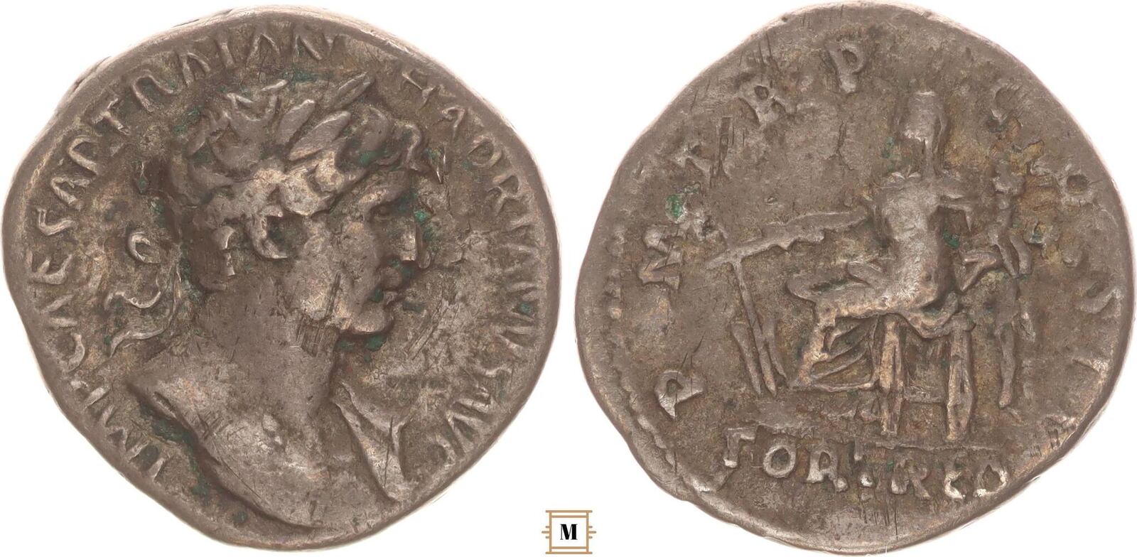Roman Empire AR denarius 117-138 Hadrian, P M TR P COS II / FORT RED ...