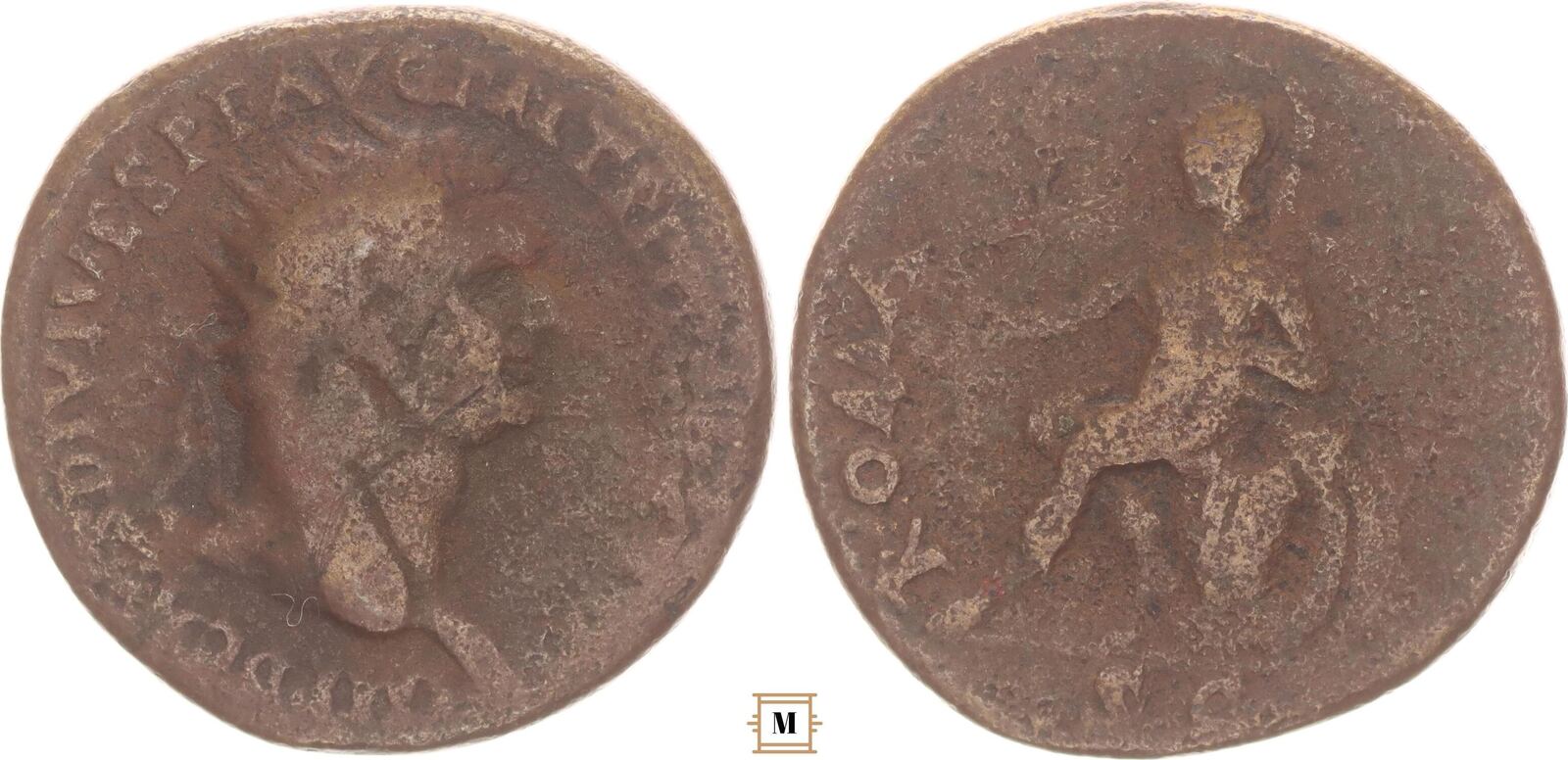 Roman Empire AE dupondius 81-96 Domitian, ROMA, Roma seated, uncertain ...