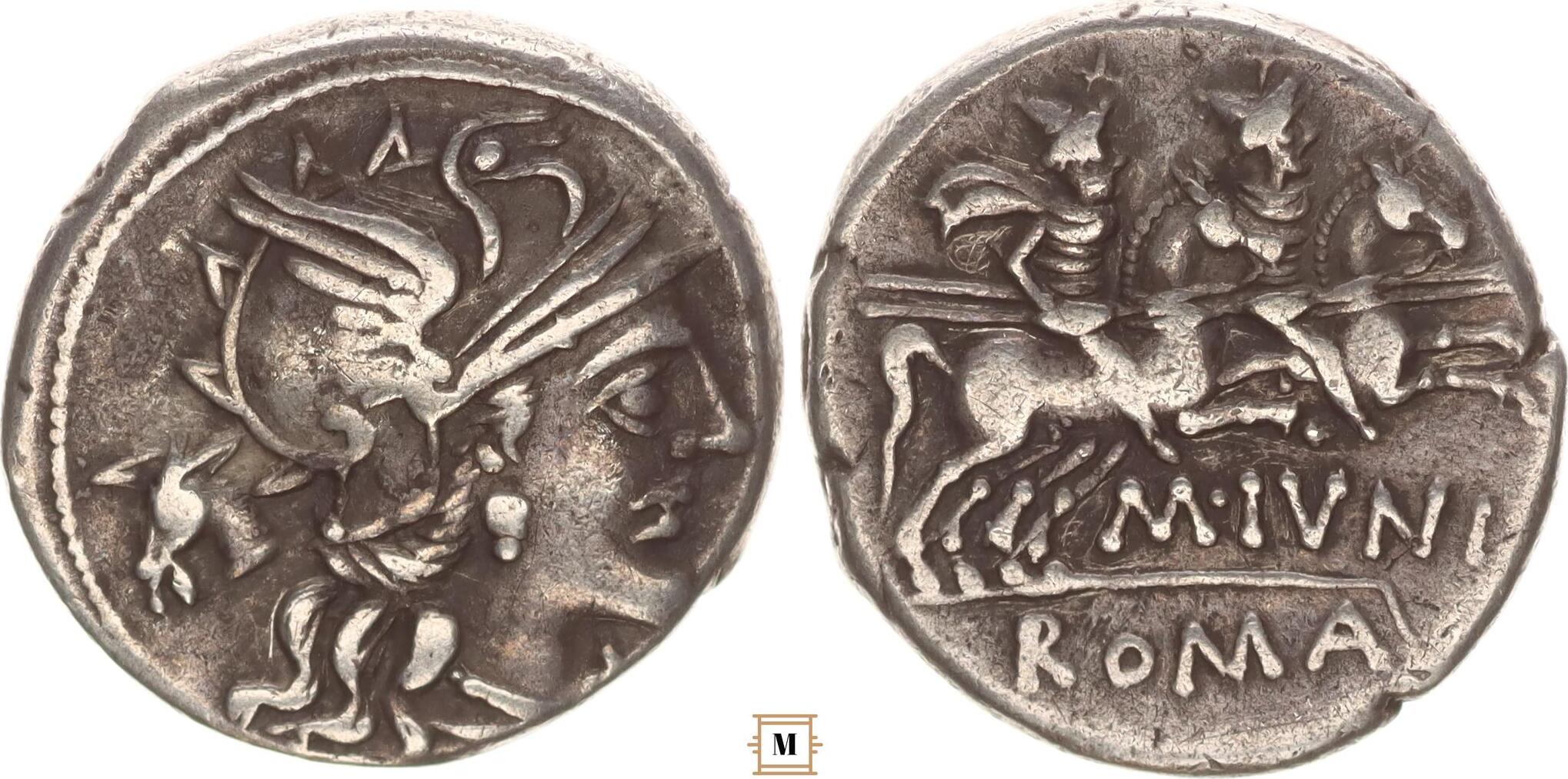 Roman Republic AR denarius 145 BC M. Junius Silanus, Head of Roma ...