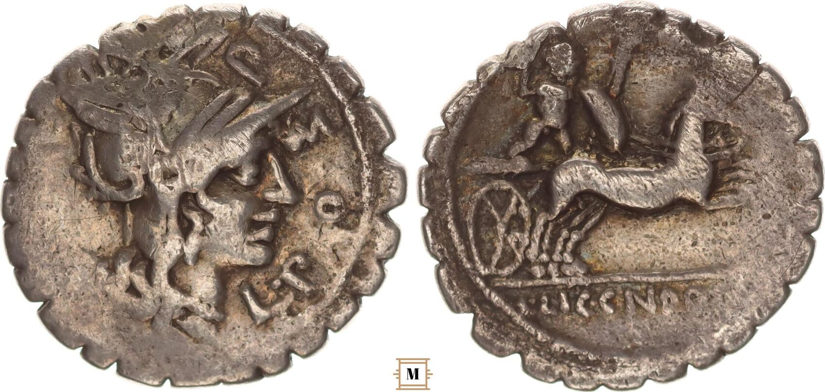 Roman Republic AR denarius 118 BC L. Pomponius Cn. F., Head of Roma ...