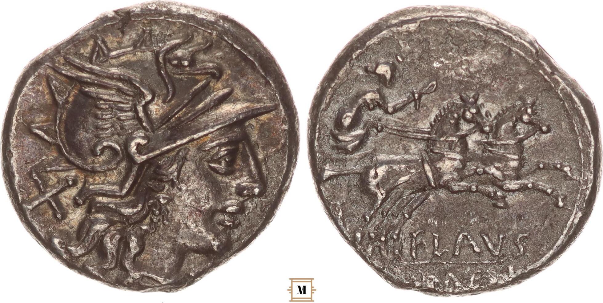 Roman Republic AR denarius 150 BC Decimius Flavus, Head of Roma / Diana ...