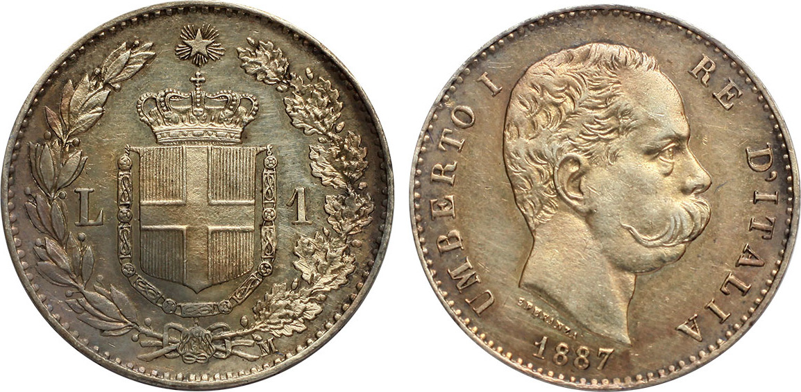 Italy 1 lire 1887 Umberto, M XF | MA-Shops
