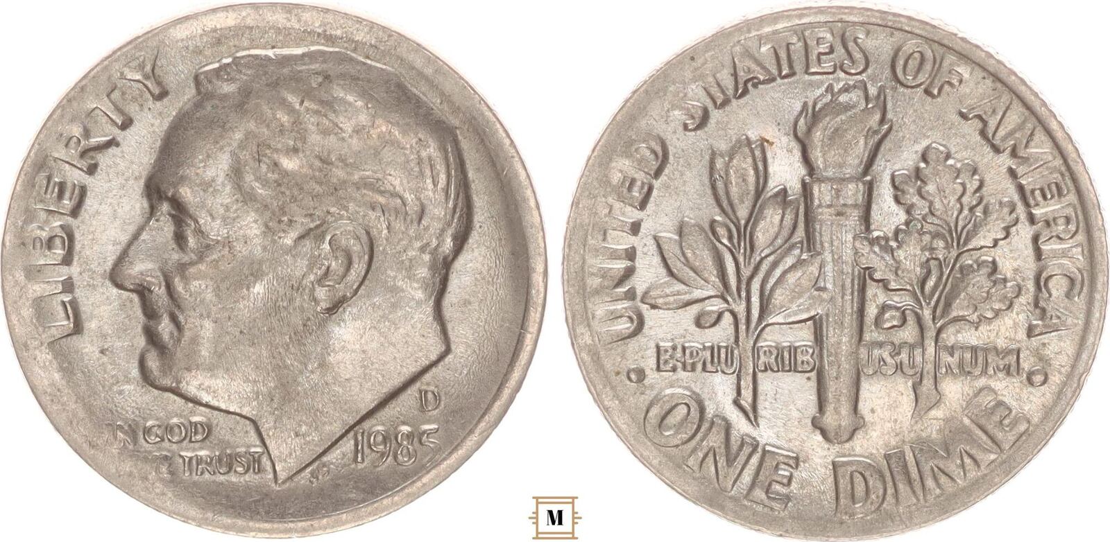 USA dime 1985 D mint error, very offset edge rifling | MA-Shops