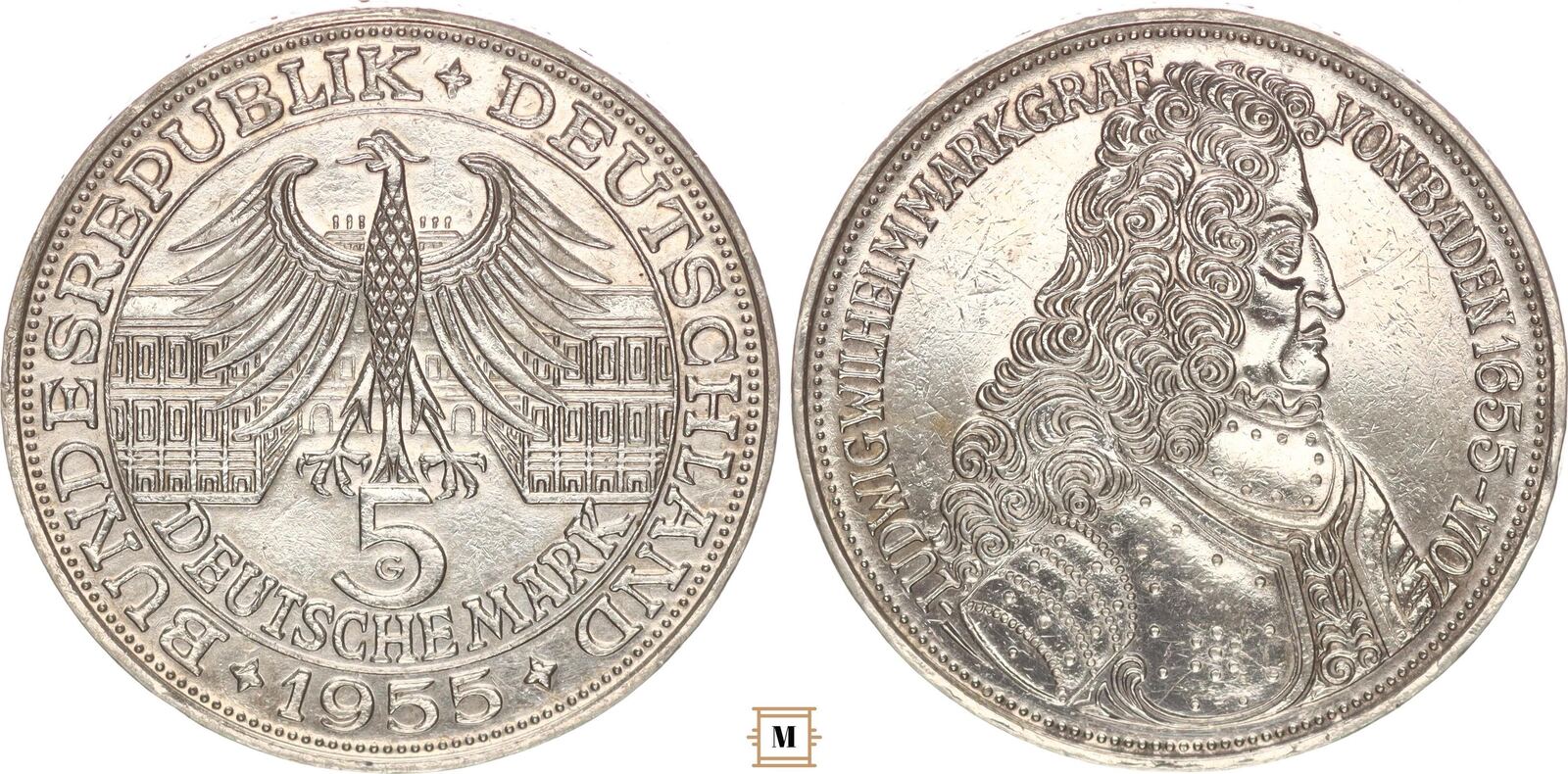 Germany 5 mark 1955 G Markgraf von Baden XF, cleaned | MA-Shops