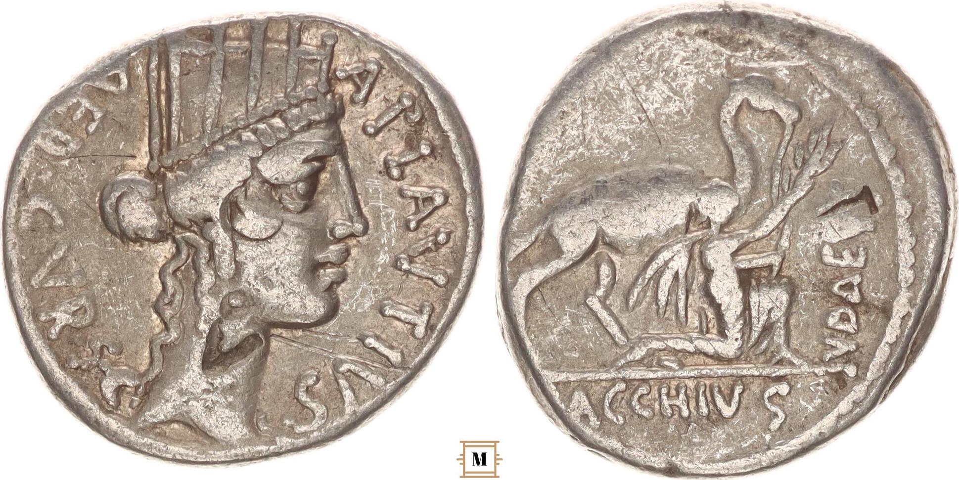 Roman Republic AR denarius 55 BC A. Plautius, Head of Cybele / Bacchivs ...