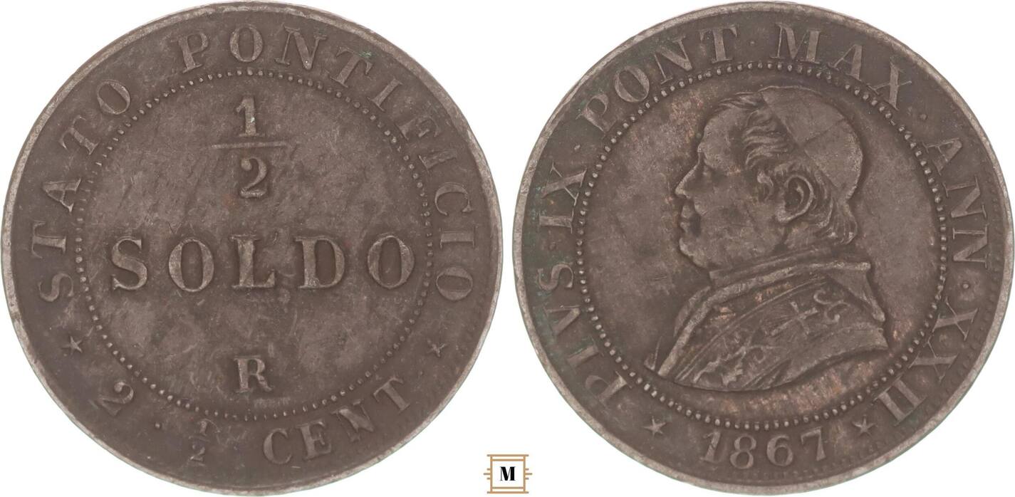 Italy - Papal States 1/2 soldo 1867 R Pio IX. VF+ | MA-Shops