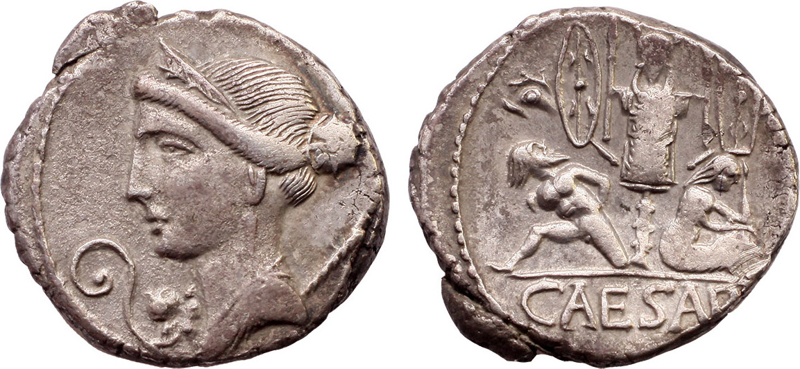 Roman Republic denar 46-45 BC Julius Caesar, Trophy of gallic arms ...
