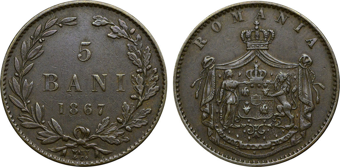 Romania 5 bani 1867 Carol I., Watt & Co XF- | MA-Shops