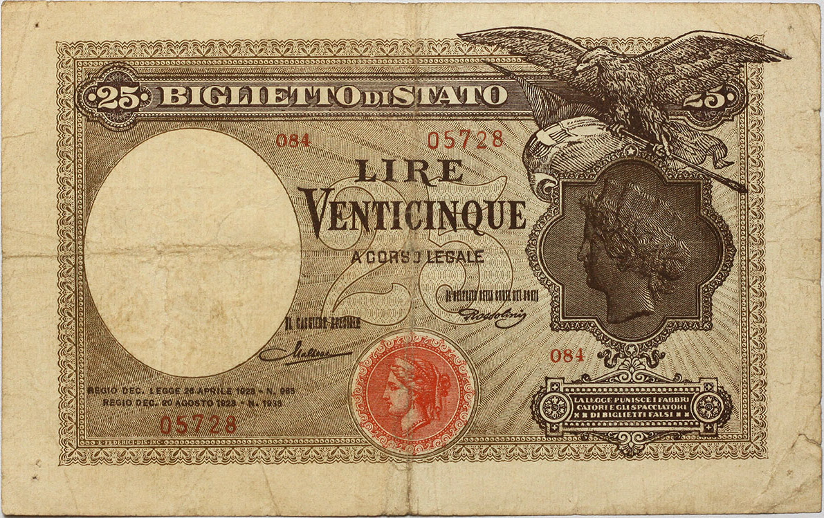 Italy 25 Lire 1923 P.24a F | MA-Shops