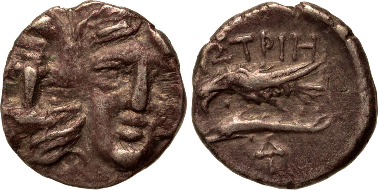 Greek-Moesia obol 4th. cent. Istros, Young male heads facing / Sea ...