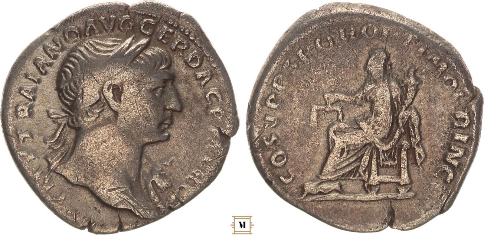 Roman Empire AR denarius 98-117 Trajan, Emperor wearing Aegis ...