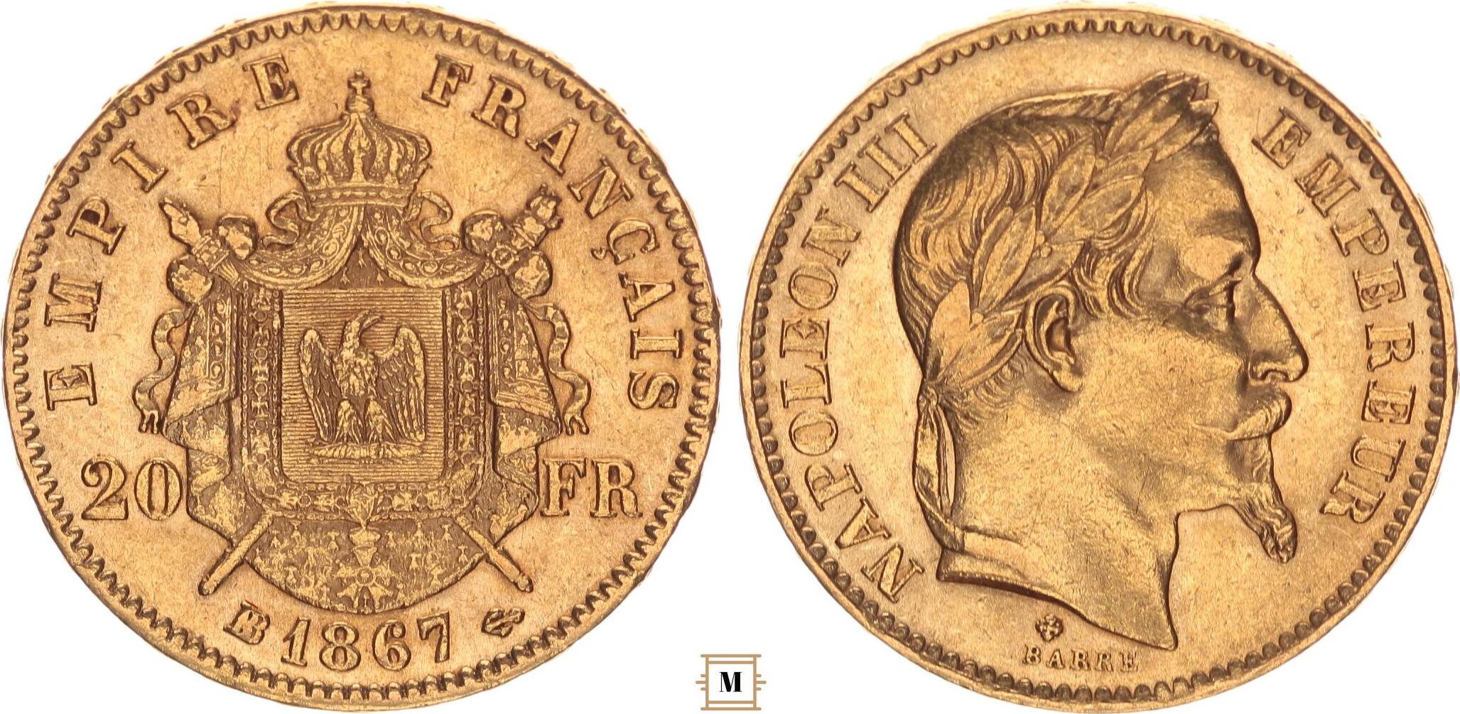 France 20 francs 1867 BB Napoleon III., big BB, Strasbourg, R! | MA-Shops