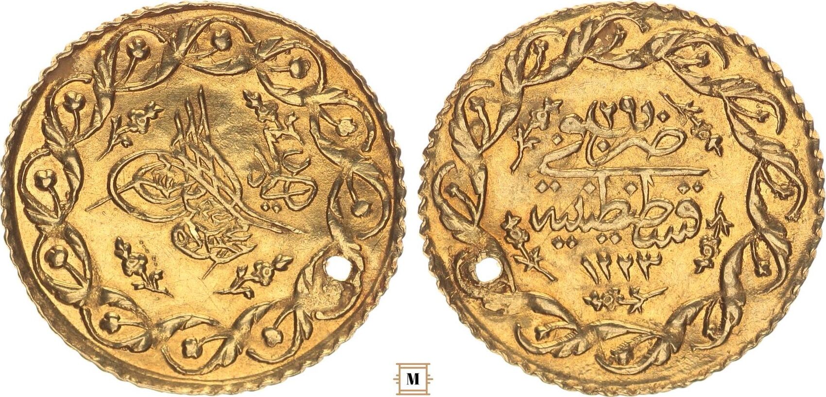 Ottoman Turkey gold Cedid Mahmudiye AH 1223/29 Mahmud II. holed | MA-Shops