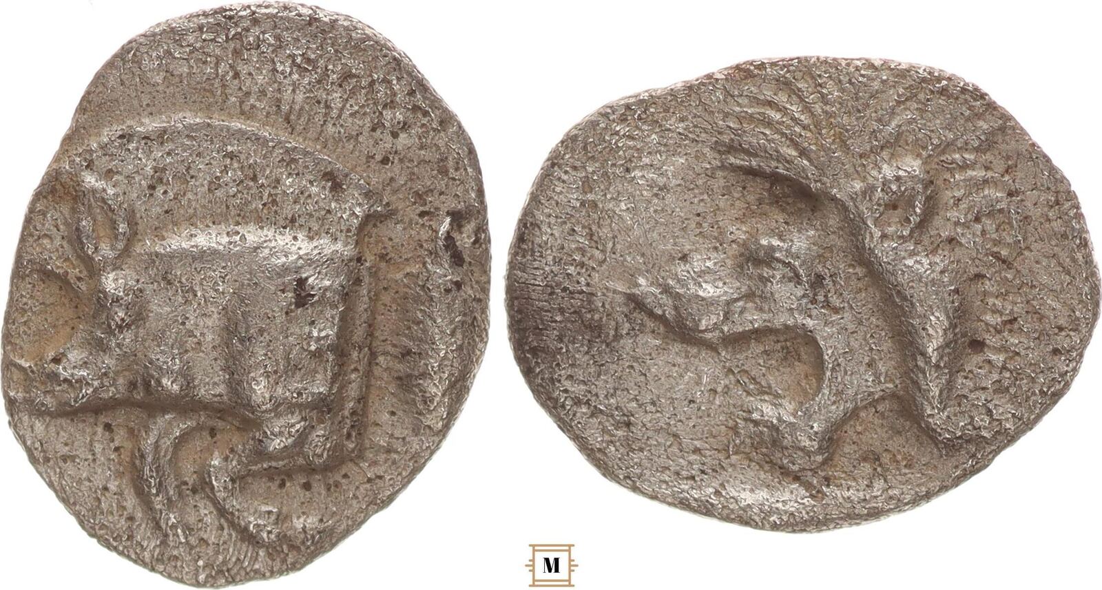 Greek obol 450-400 BC Mysia, Kyzikos, Forepart of a boar / Head of Lion ...