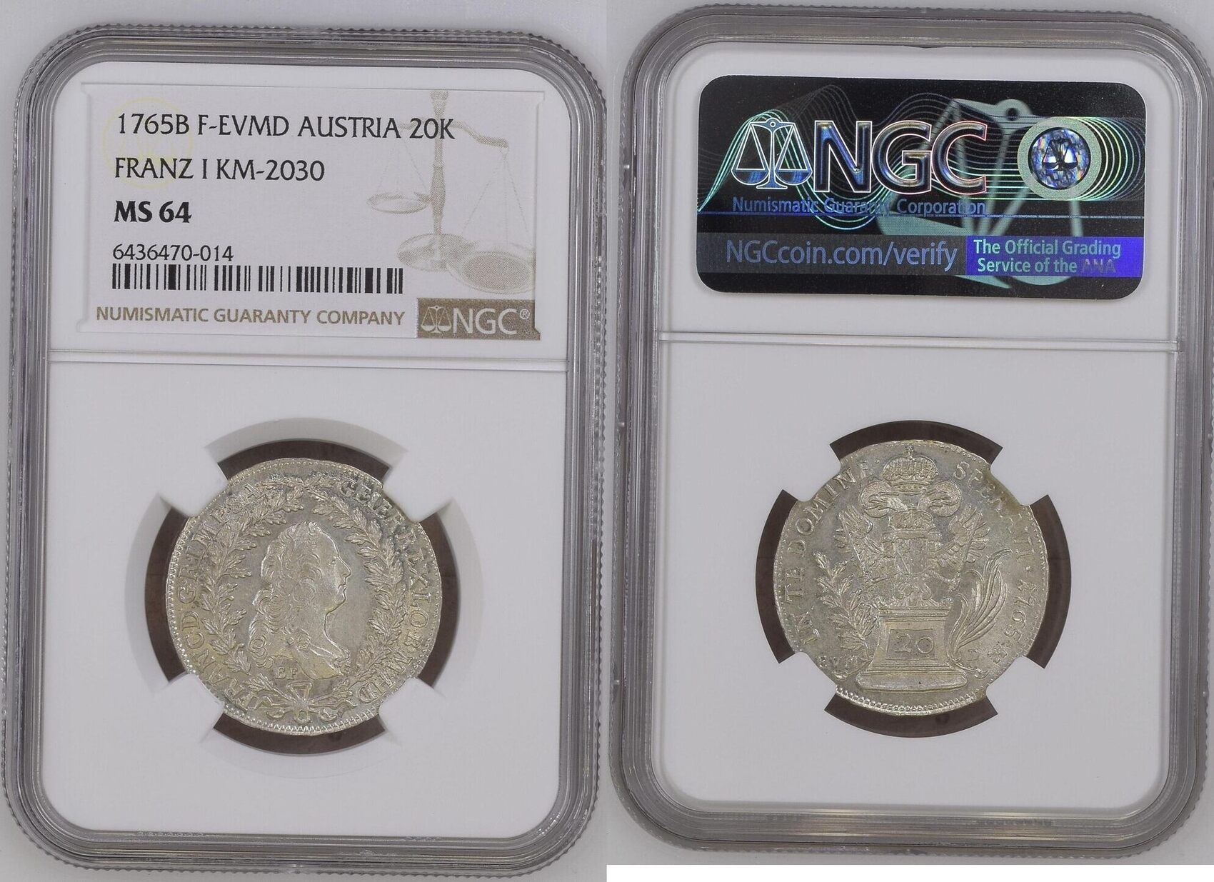 AUSTRIA 20K 1765B F-EVMD NGC MS 64 | MA-Shops