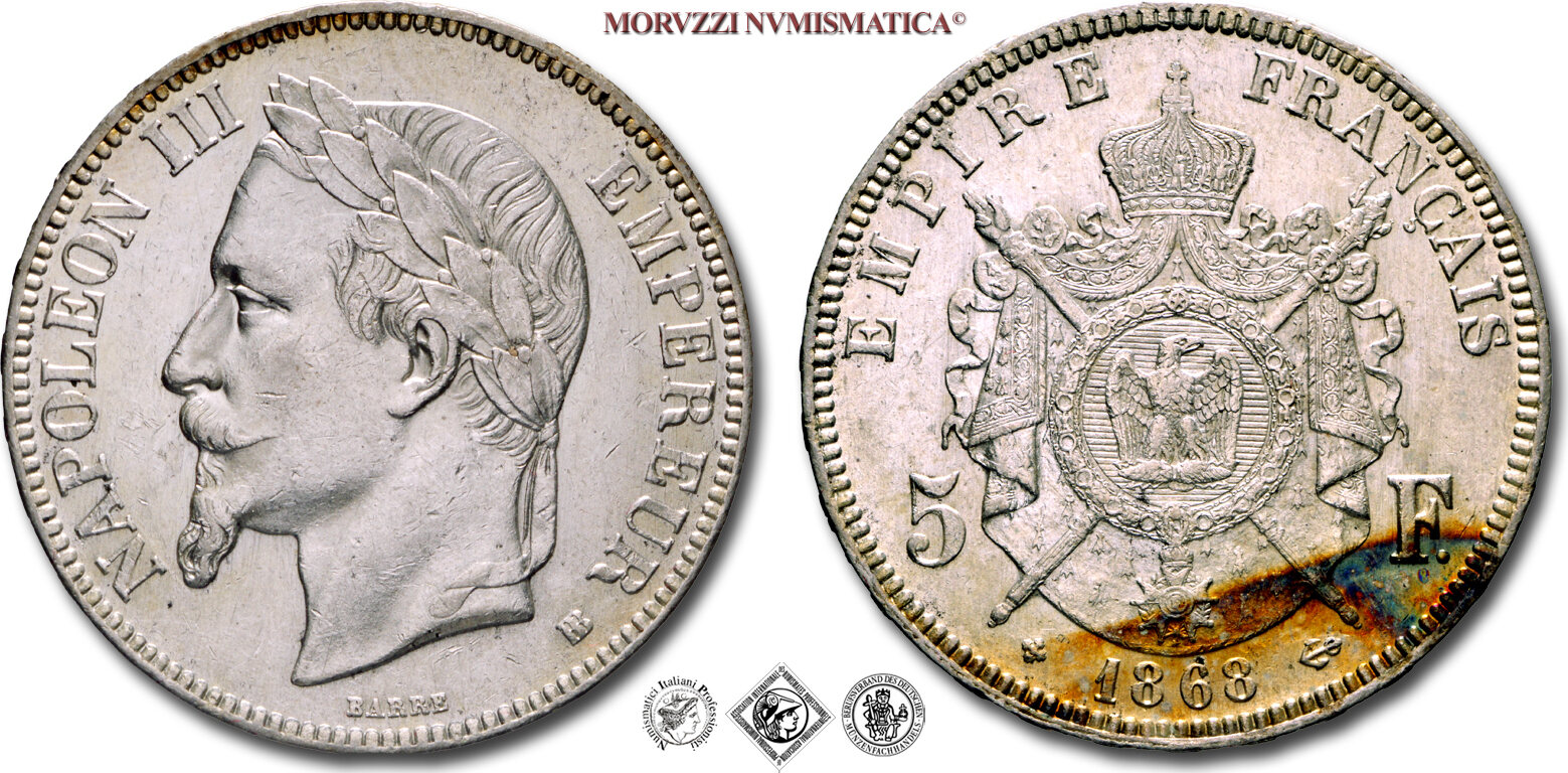 France / Frankreich 5 FRANCS / 5 FRANKEN 1868 BB Napoleon III Emperor ...