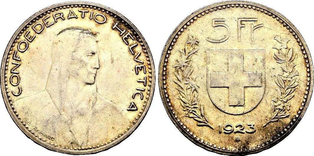 SCHWEIZ EIDGENOSSENSCHAFT 5 Franken 1923 B, Bern winzige Kratzer, CH UNC | MA-Shops