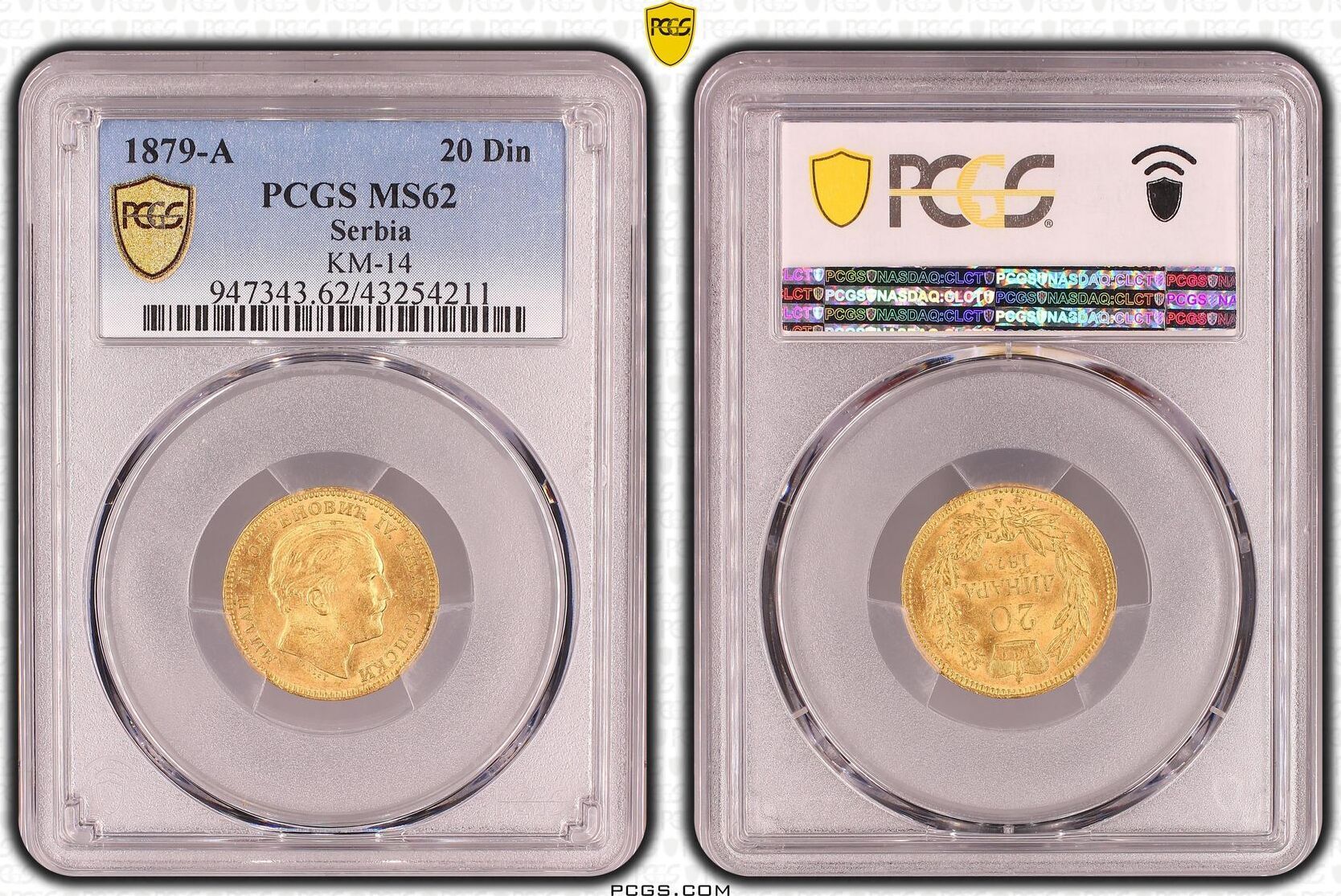 SERBIEN Milan IV. Obrenowitsch, 1868-1882-1889. 20 Dinara 1879-A PCGS ...