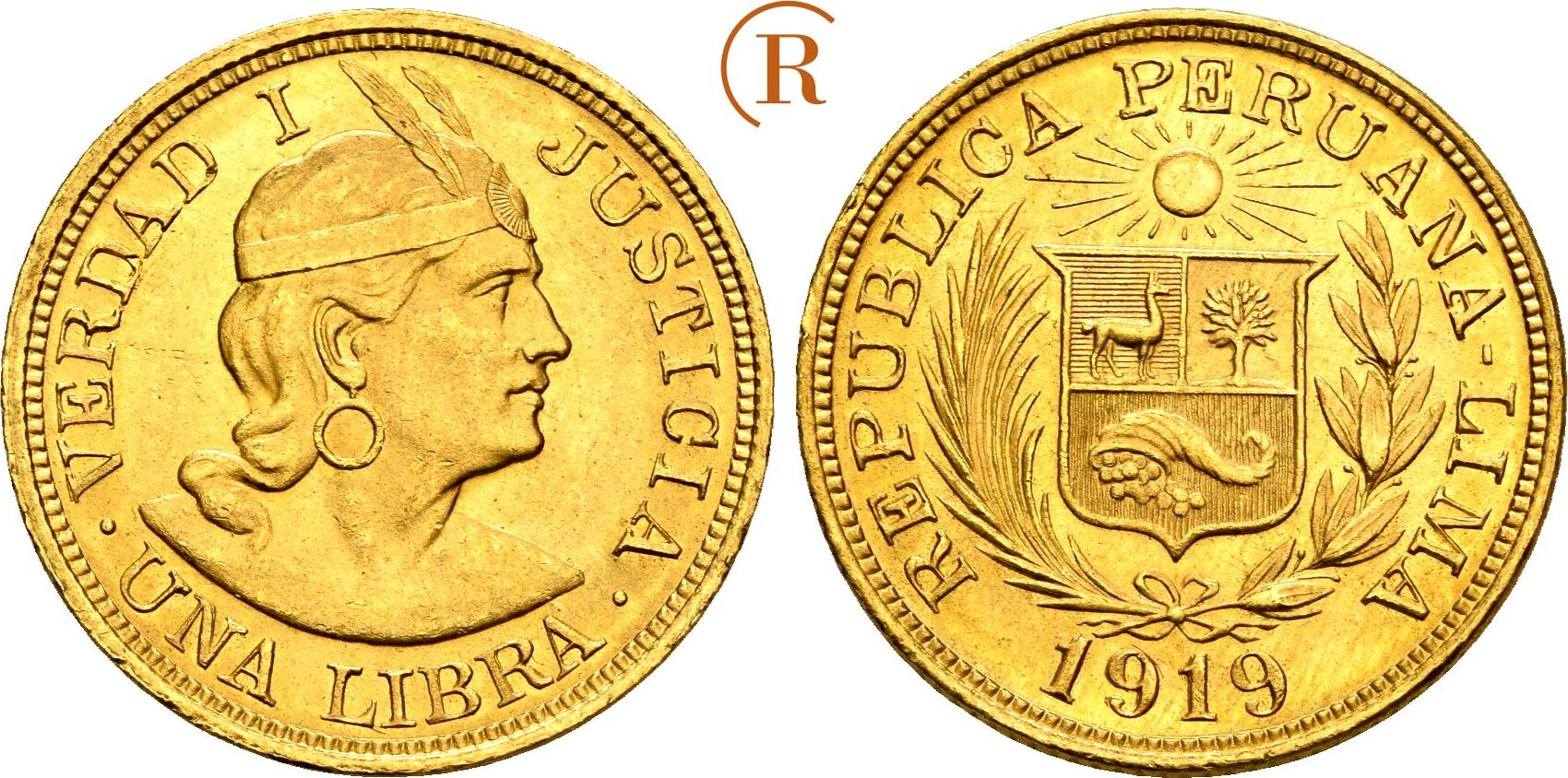 PERU REPUBLIK Seit 1822 1 Libra 1919, Lima Gold. CH UNC | MA-Shops