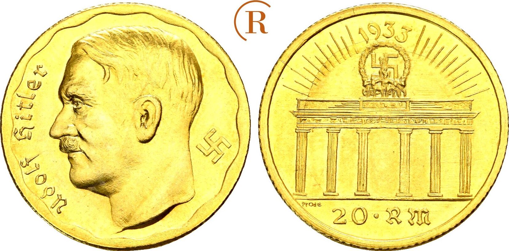 Hitler, Adolf *1889 Braunau, +1945 Probe- 20 Reichsmark "1933" Gold. BU ...