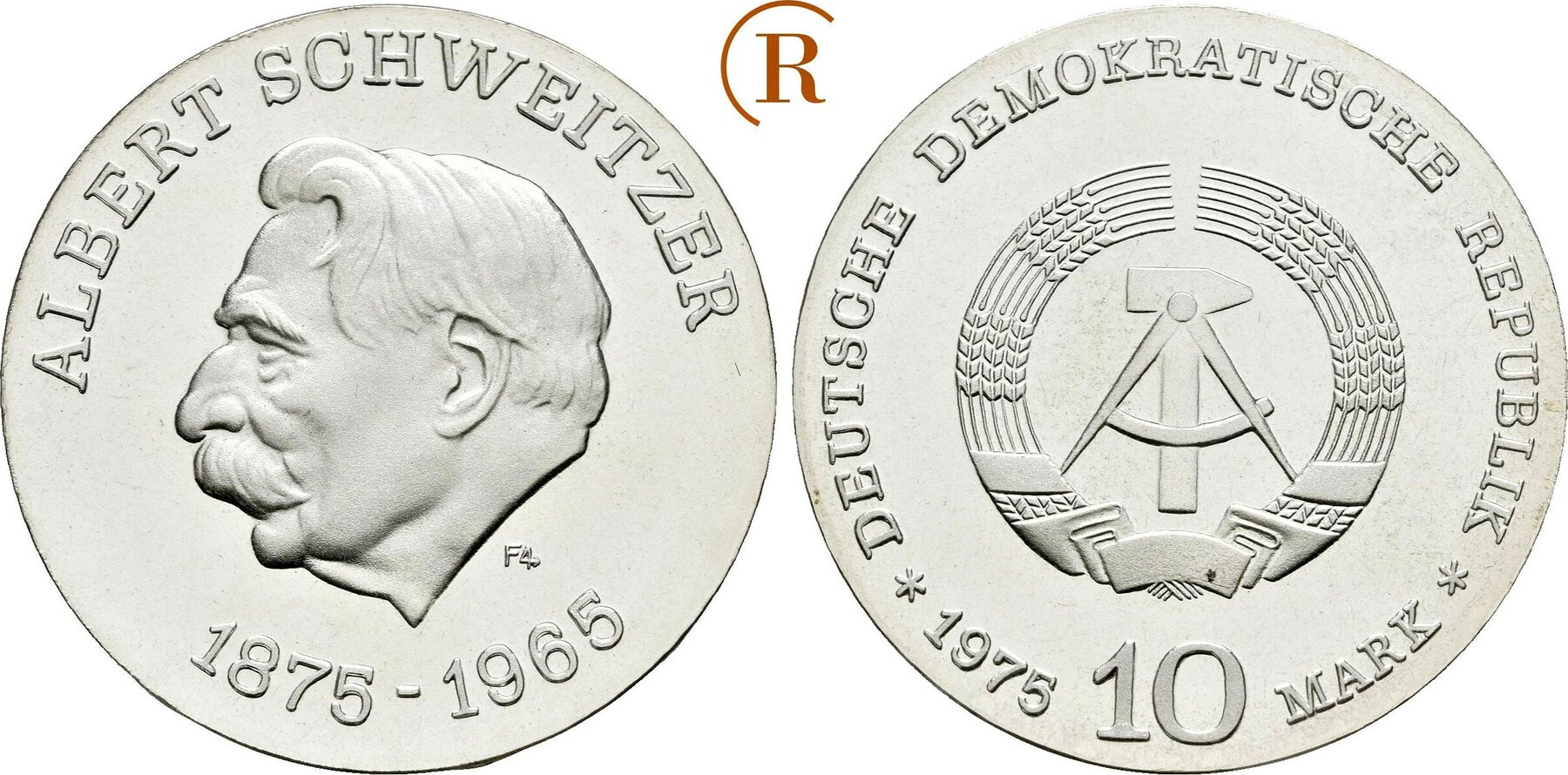 DDR (DEUTSCHE DEMOKRATISCHE REPUBLIK) 10 Mark "Schweitzer" 1975 Proof ...