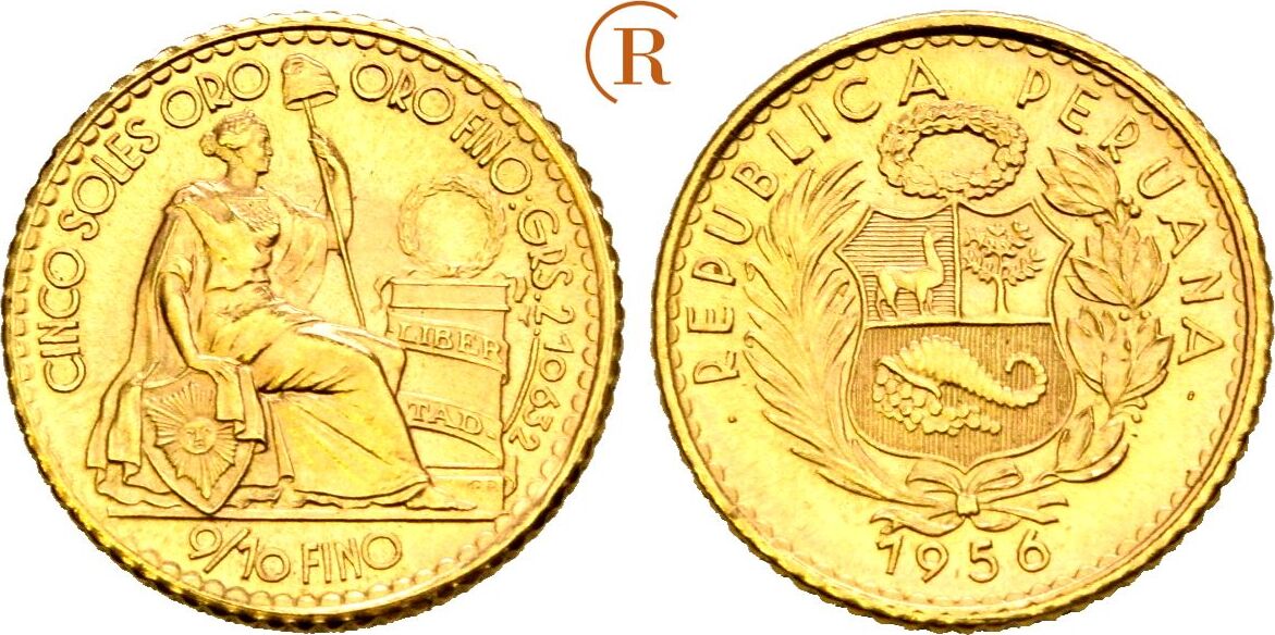 PERU Republik, seit 1822 5 Soles 1956, Lima Gold. BU (prooflike) | MA-Shops
