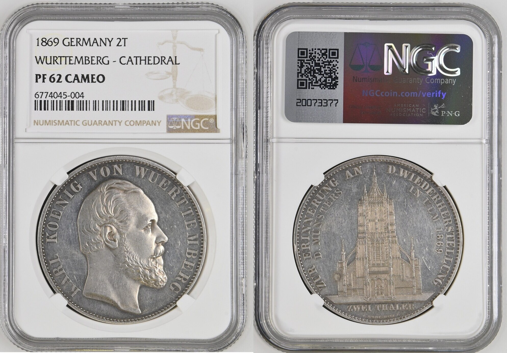 WÜRTTEMBERG Karl, 1864-1891 Doppeltaler "Ulmer Münster" 1869 NGC PF 62 ...
