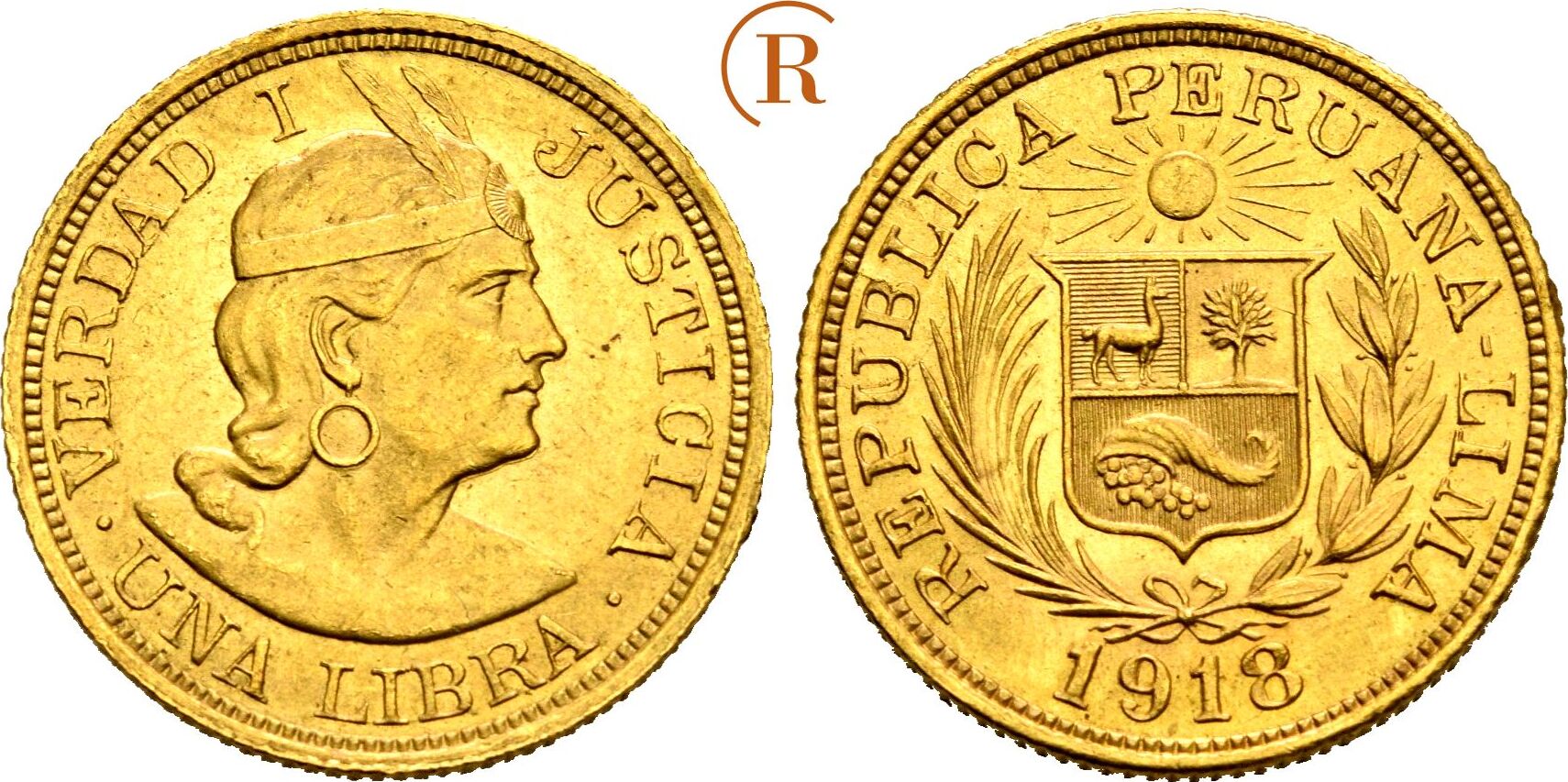 PERU REPUBLIK Seit 1822 1 Libra 1918, Lima Gold. UNC- | MA-Shops