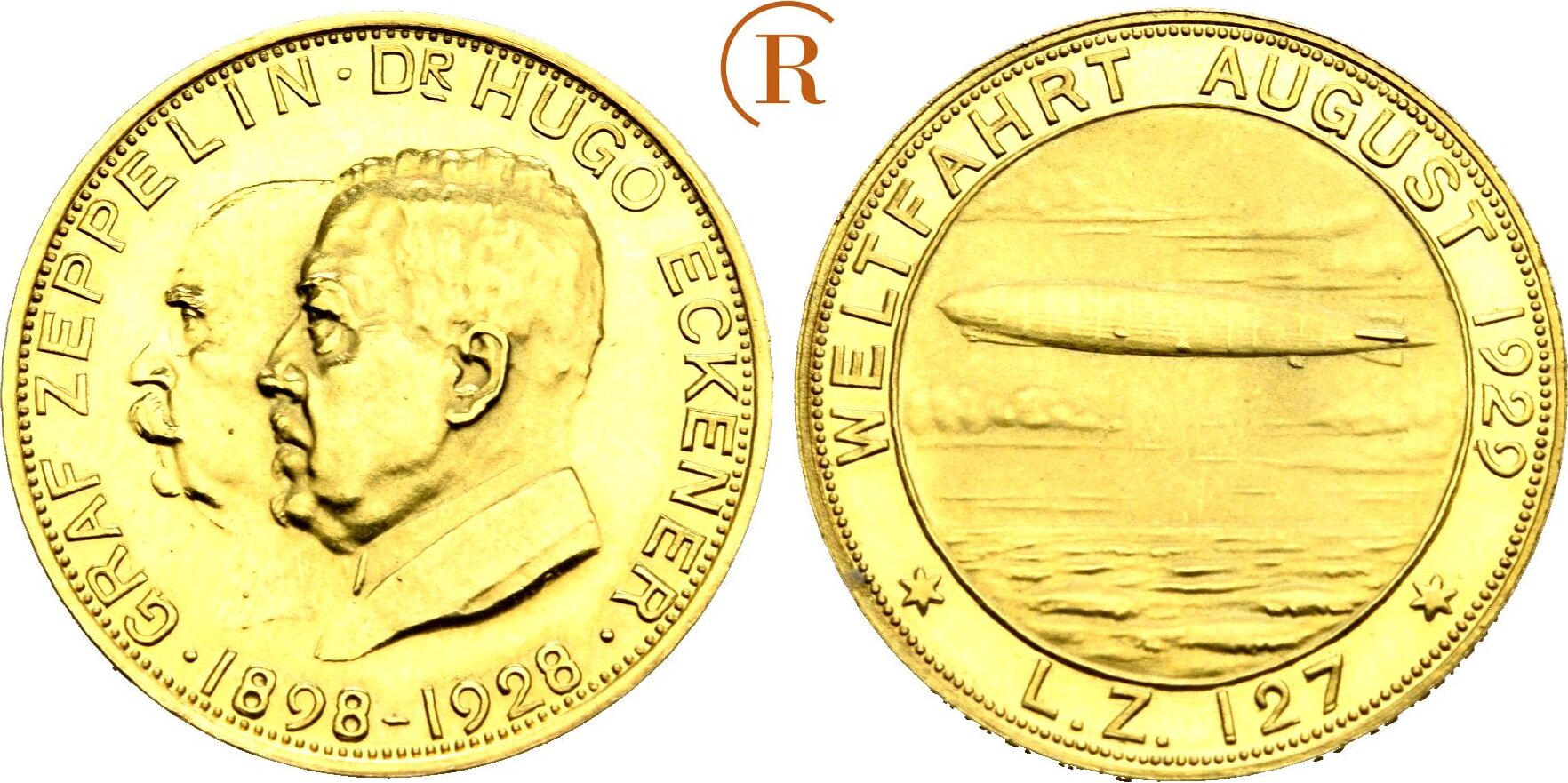 WEIMARER REPUBLIK ZEPPELIN Goldmedaille 1929, von J. Bernhart Gold ...