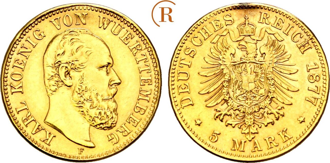 KAISERREICH WÜRTTEMBERG Karl, 1864-1891 5 Mark 1877 F Gold. Henkelspur ...